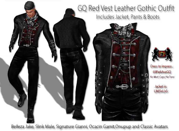 Second Life Marketplace - 69ParkAveGQ Black Leather /RED Accents Gothic Outfit